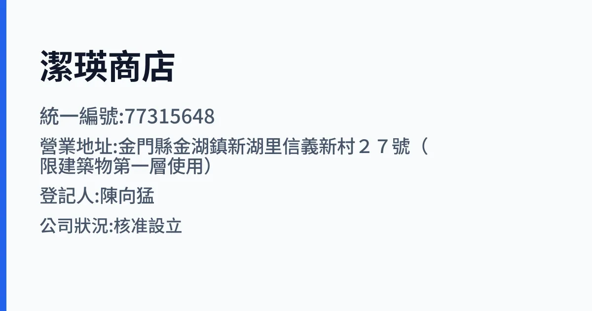 潔瑛商店 - 統編 77315648(金門縣) 公司登記資料與營業項目詳細圖表