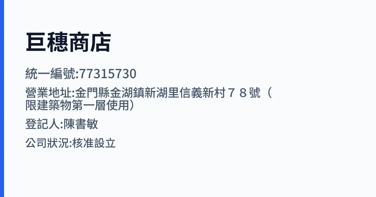 巨穗商店 - 統編 77315730(金門縣) 公司登記資料與營業項目詳細圖表