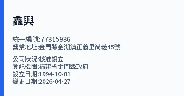 鑫興的照片-統編 77315936(金門縣) 公司登記資料與營業項目詳細圖表