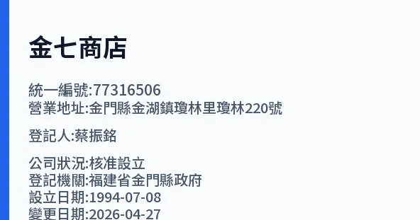 金七商店的照片-統編 77316506(金門縣) 公司登記資料與營業項目詳細圖表