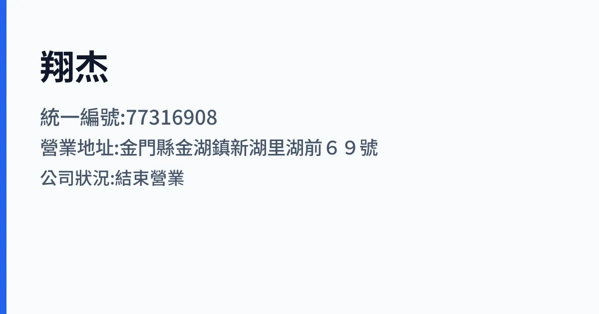 翔杰 - 統編 77316908(金門縣) 公司登記資料與營業項目詳細圖表