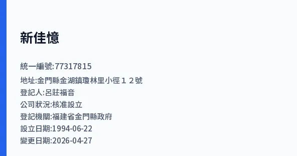 新佳憶的照片-統編 77317815(金門縣) 公司登記資料與營業項目詳細圖表