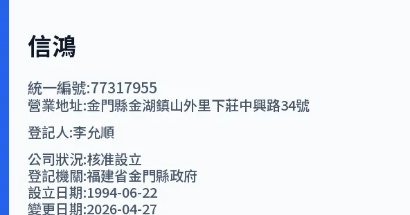 信鴻的照片-統編 77317955(金門縣) 公司登記資料與營業項目詳細圖表