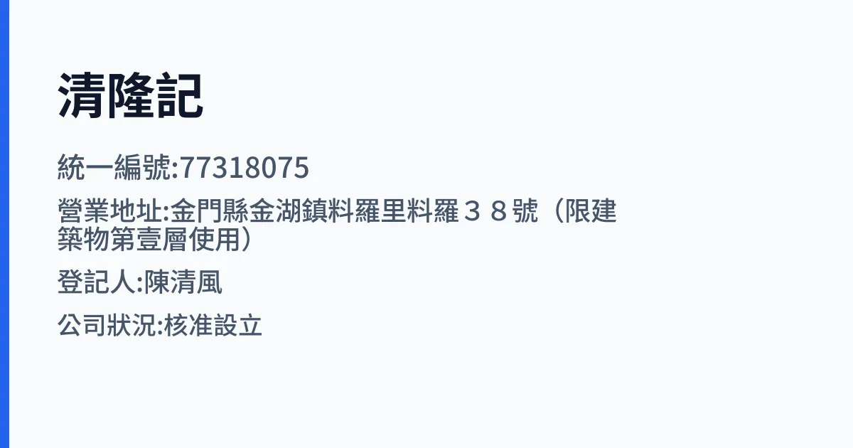 清隆記 - 統編 77318075(金門縣) 公司登記資料與營業項目詳細圖表