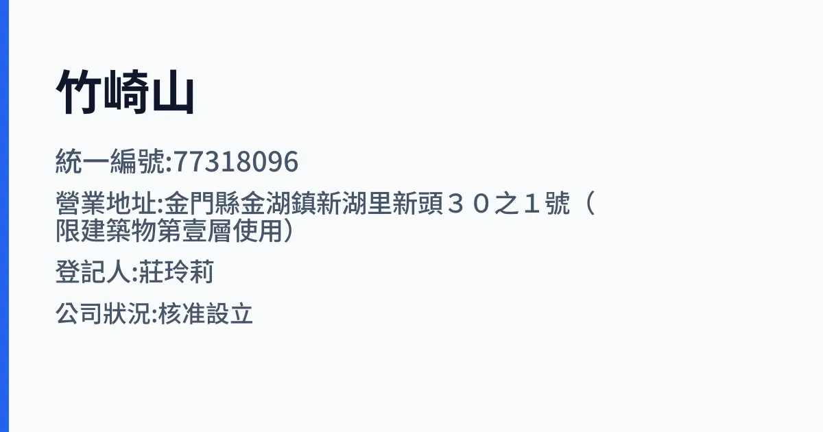 竹崎山 - 統編 77318096(金門縣) 公司登記資料與營業項目詳細圖表