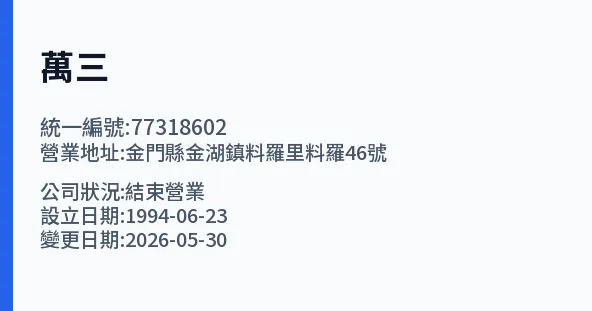 萬三的照片-統編 77318602(金門縣) 公司登記資料與營業項目詳細圖表