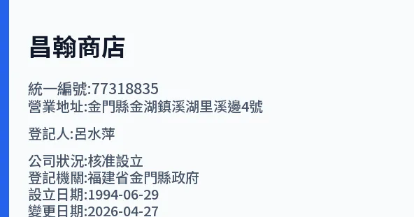 昌翰商店的照片-統編 77318835(金門縣) 公司登記資料與營業項目詳細圖表