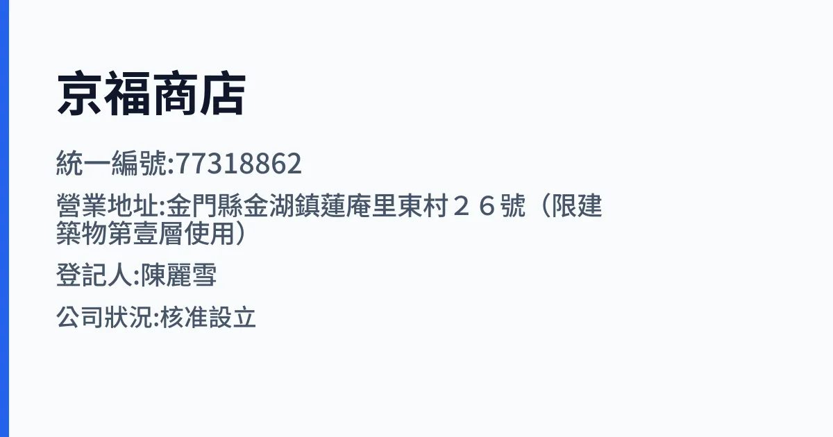 京福商店 - 統編 77318862(金門縣) 公司登記資料與營業項目詳細圖表