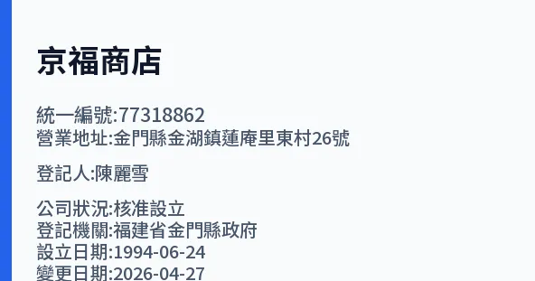 京福商店的照片-統編 77318862(金門縣) 公司登記資料與營業項目詳細圖表