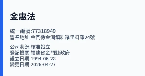金惠法的照片-統編 77318949(金門縣) 公司登記資料與營業項目詳細圖表