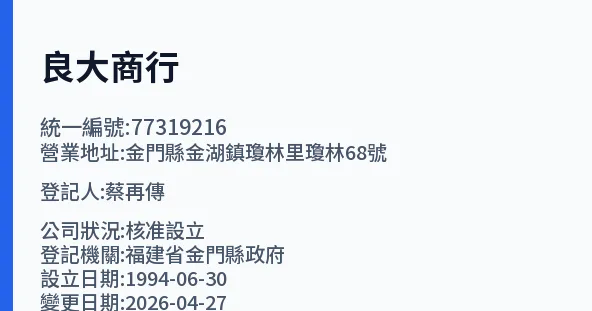 良大商行的照片-統編 77319216(金門縣) 公司登記資料與營業項目詳細圖表