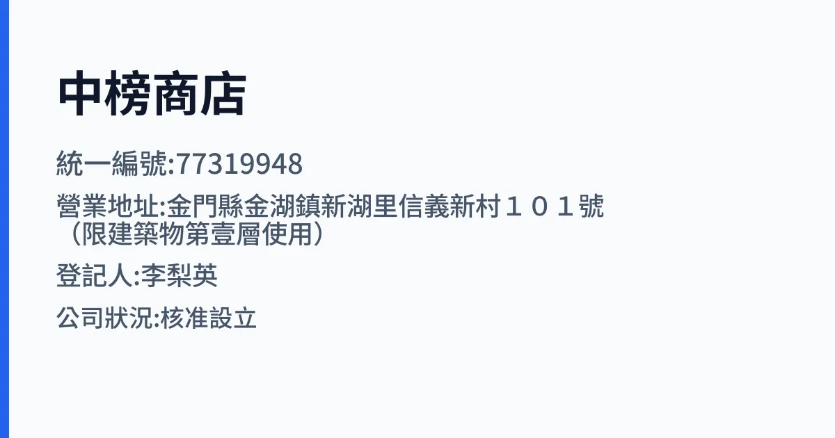 中榜商店 - 統編 77319948(金門縣) 公司登記資料與營業項目詳細圖表
