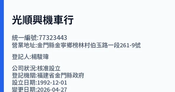 光順興機車行的照片-統編 77323443(金門縣) 公司登記資料與營業項目詳細圖表