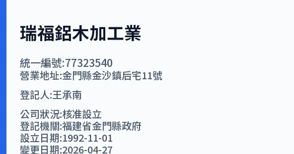 瑞福鋁木加工業的照片-統編 77323540(金門縣) 公司登記資料與營業項目詳細圖表