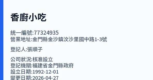 香廚小吃的照片-統編 77324935(金門縣) 公司登記資料與營業項目詳細圖表