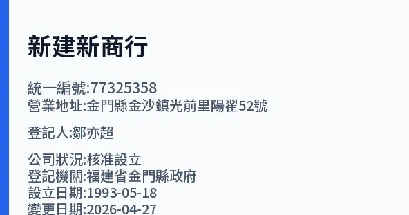 新建新商行的照片-統編 77325358(金門縣) 公司登記資料與營業項目詳細圖表