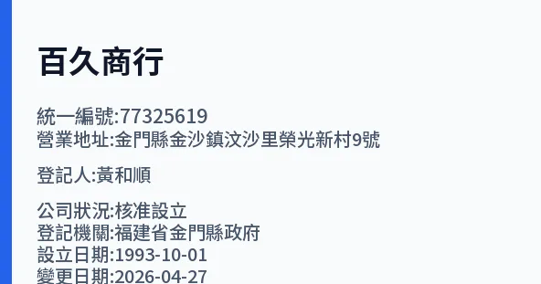 百久商行的照片-統編 77325619(金門縣) 公司登記資料與營業項目詳細圖表