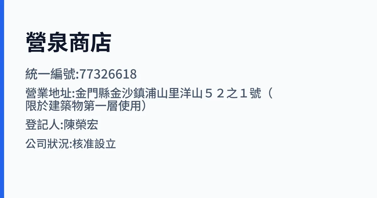 營泉商店 - 統編 77326618(金門縣) 公司登記資料與營業項目詳細圖表