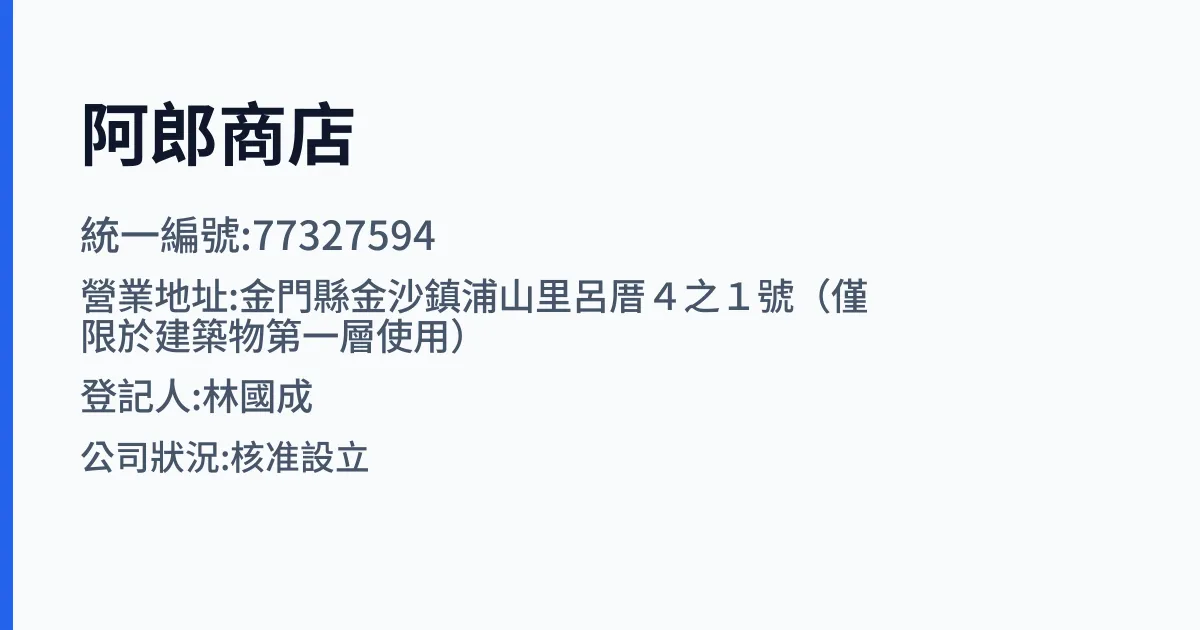 阿郎商店 - 統編 77327594(金門縣) 公司登記資料與營業項目詳細圖表