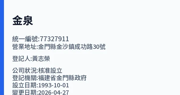 金泉的照片-統編 77327911(金門縣) 公司登記資料與營業項目詳細圖表