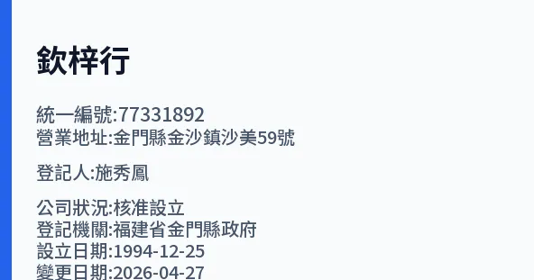 欽梓行的照片-統編 77331892(金門縣) 公司登記資料與營業項目詳細圖表