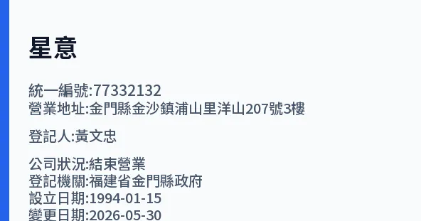 星意的照片-統編 77332132(金門縣) 公司登記資料與營業項目詳細圖表