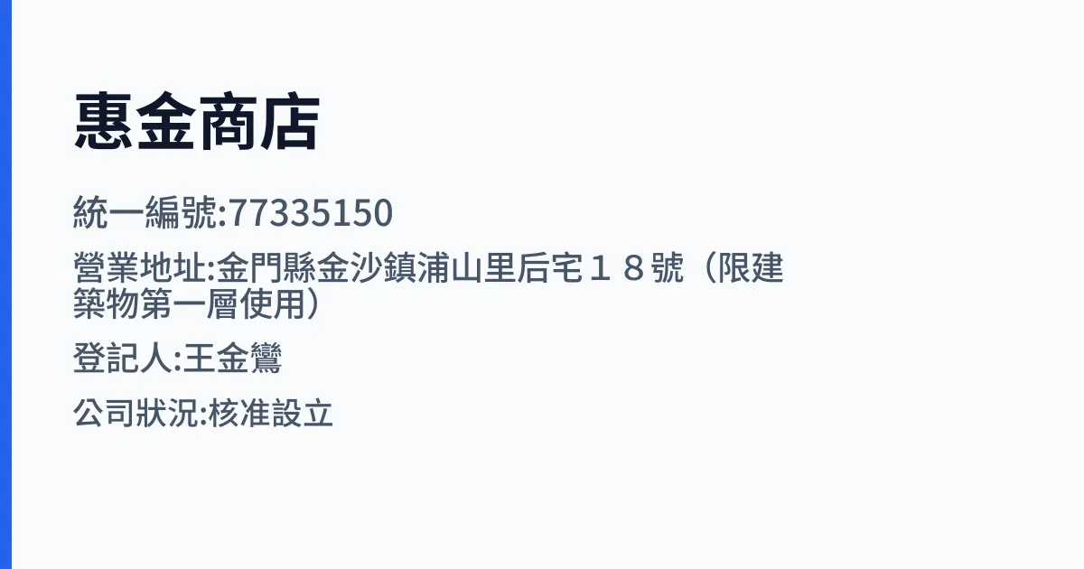 惠金商店 - 統編 77335150(金門縣) 公司登記資料與營業項目詳細圖表