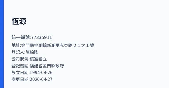 恆源的照片-統編 77335911(金門縣) 公司登記資料與營業項目詳細圖表