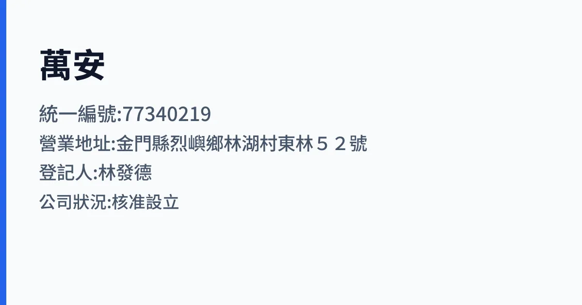 萬安 - 統編 77340219(金門縣) 公司登記資料與營業項目詳細圖表
