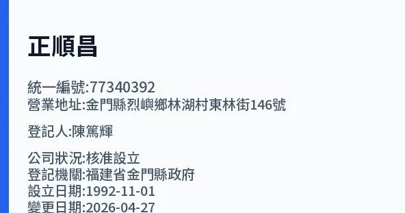 正順昌的照片-統編 77340392(金門縣) 公司登記資料與營業項目詳細圖表