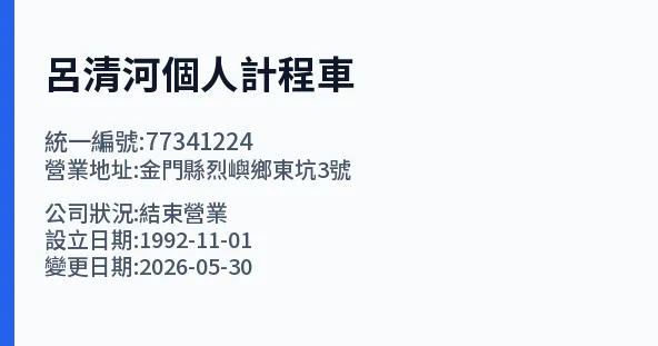 呂清河個人計程車的照片-統編 77341224(金門縣) 公司登記資料與營業項目詳細圖表