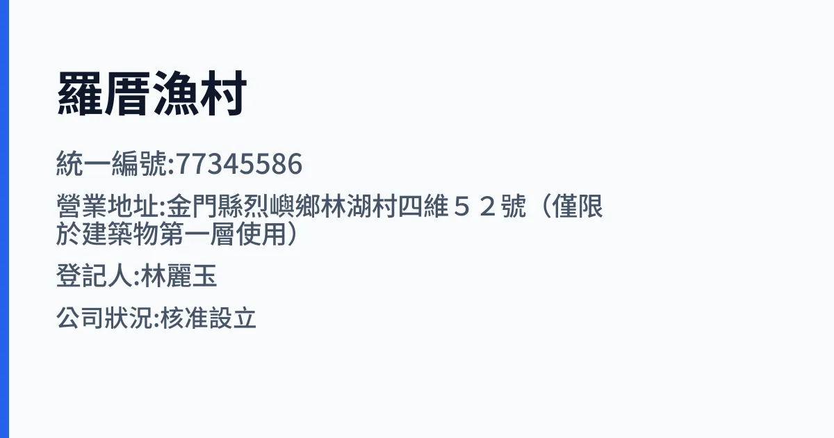 羅厝漁村 - 統編 77345586(金門縣) 公司登記資料與營業項目詳細圖表