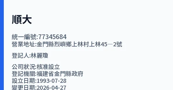 順大的照片-統編 77345684(金門縣) 公司登記資料與營業項目詳細圖表