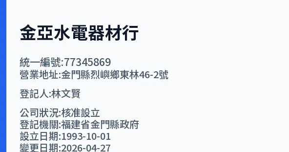 金亞水電器材行的照片-統編 77345869(金門縣) 公司登記資料與營業項目詳細圖表