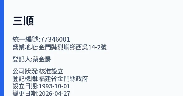 三順的照片-統編 77346001(金門縣) 公司登記資料與營業項目詳細圖表