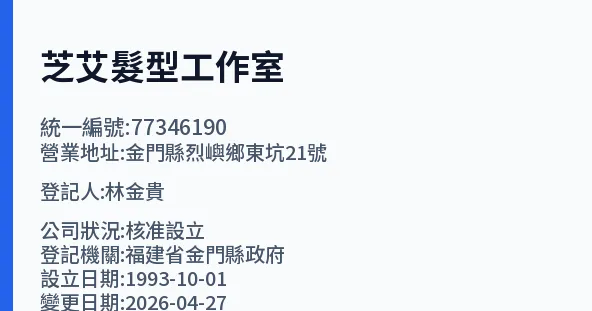 芝艾髮型工作室的照片-統編 77346190(金門縣) 公司登記資料與營業項目詳細圖表