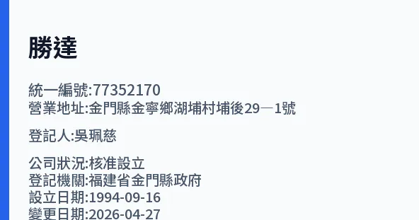 勝達的照片-統編 77352170(金門縣) 公司登記資料與營業項目詳細圖表