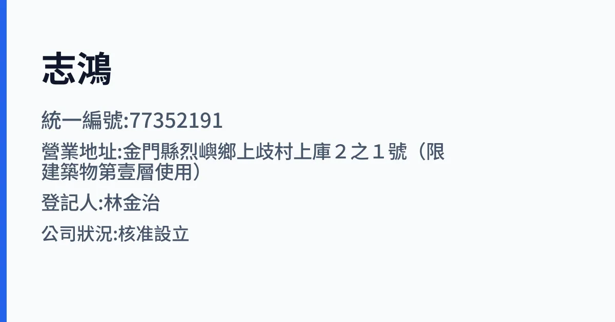 志鴻 - 統編 77352191(金門縣) 公司登記資料與營業項目詳細圖表