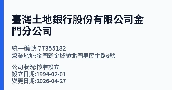 臺灣土地銀行股份有限公司金門分公司的照片-統編 77355182(金門縣) 公司登記資料與營業項目詳細圖表