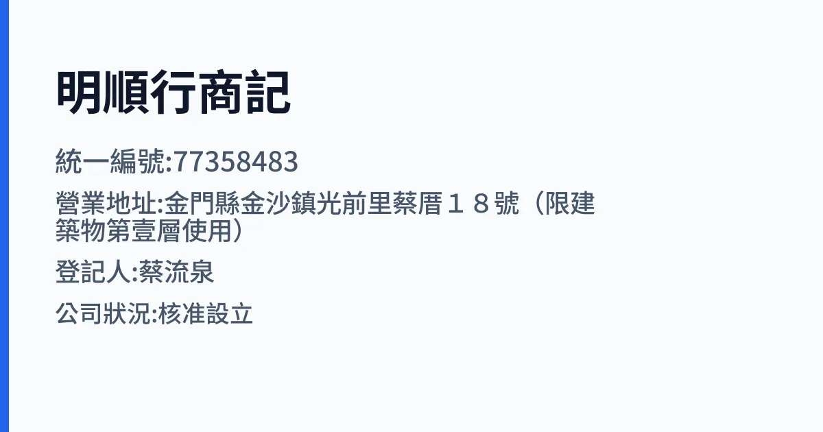 明順行商記 - 統編 77358483(金門縣) 公司登記資料與營業項目詳細圖表