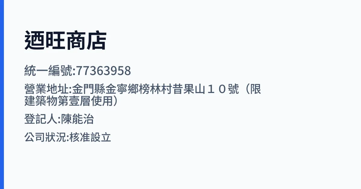 迺旺商店 - 統編 77363958(金門縣) 公司登記資料與營業項目詳細圖表
