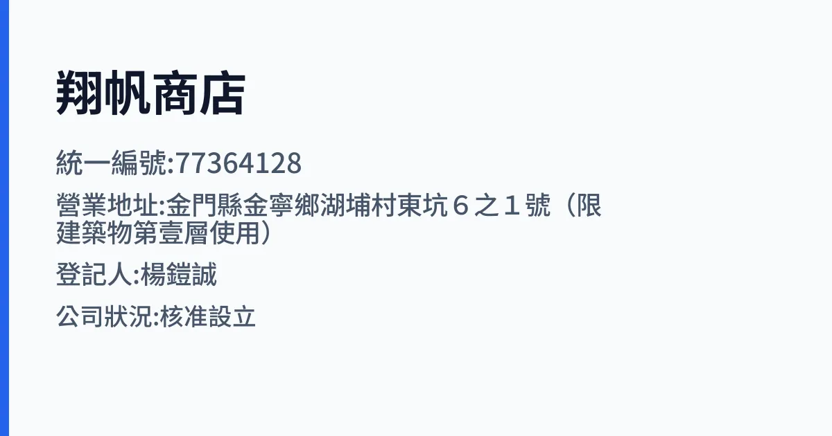 翔帆商店 - 統編 77364128(金門縣) 公司登記資料與營業項目詳細圖表