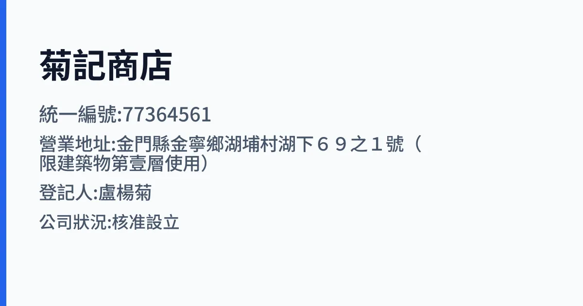 菊記商店 - 統編 77364561(金門縣) 公司登記資料與營業項目詳細圖表