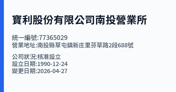 寶利股份有限公司南投營業所的照片-統編 77365029(南投縣) 公司登記資料與營業項目詳細圖表