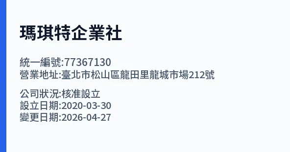 瑪琪特企業社的照片-統編 77367130(臺北市) 公司登記資料與營業項目詳細圖表