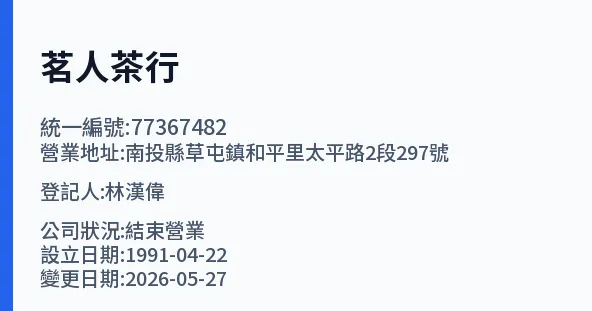 茗人茶行的照片-統編 77367482(南投縣) 公司登記資料與營業項目詳細圖表