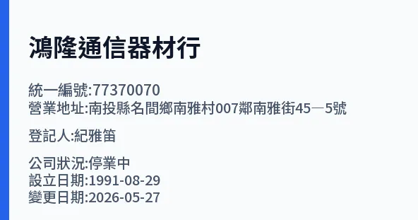 鴻隆通信器材行的照片-統編 77370070(南投縣) 公司登記資料與營業項目詳細圖表