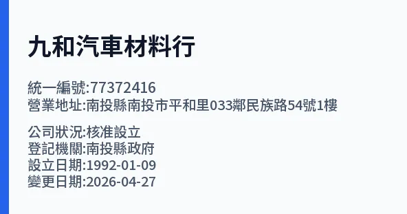 九和汽車材料行的照片-統編 77372416(南投縣) 公司登記資料與營業項目詳細圖表