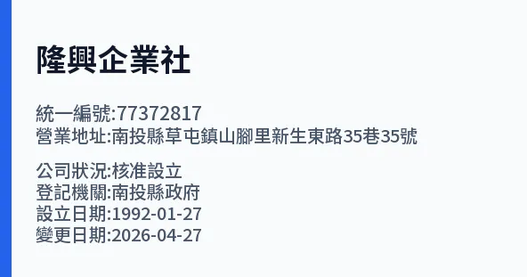 隆興企業社的照片-統編 77372817(南投縣) 公司登記資料與營業項目詳細圖表