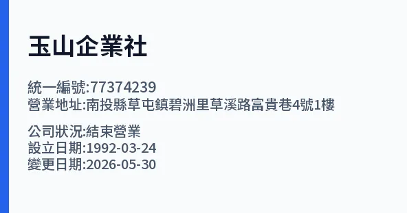 玉山企業社的照片-統編 77374239(南投縣) 公司登記資料與營業項目詳細圖表